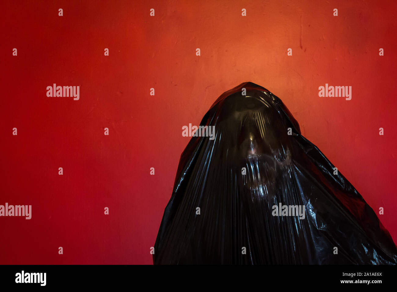 Figure With Black Plastic Bag Over Body. Concept of Horror Movie ...