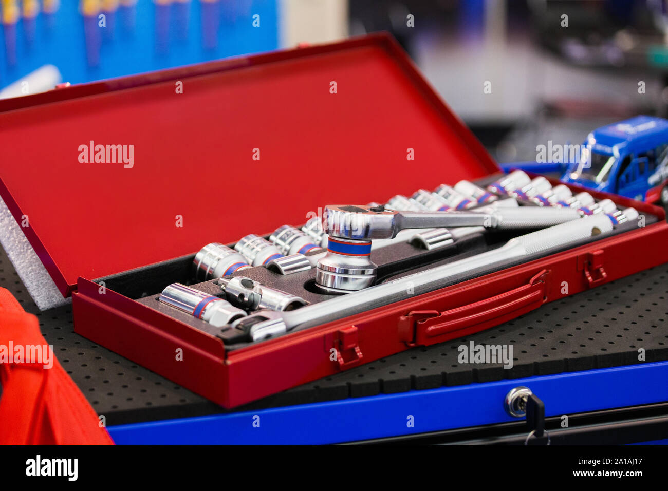 Tool box with wrenches and tools Stock Photo - Alamy