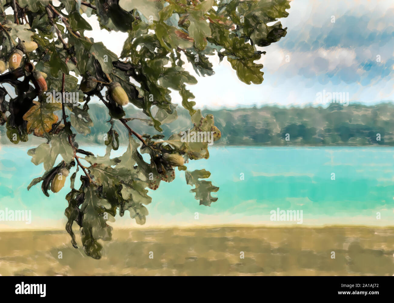 watercolor illustration: Fuzzy background with a summery lake landscape ...