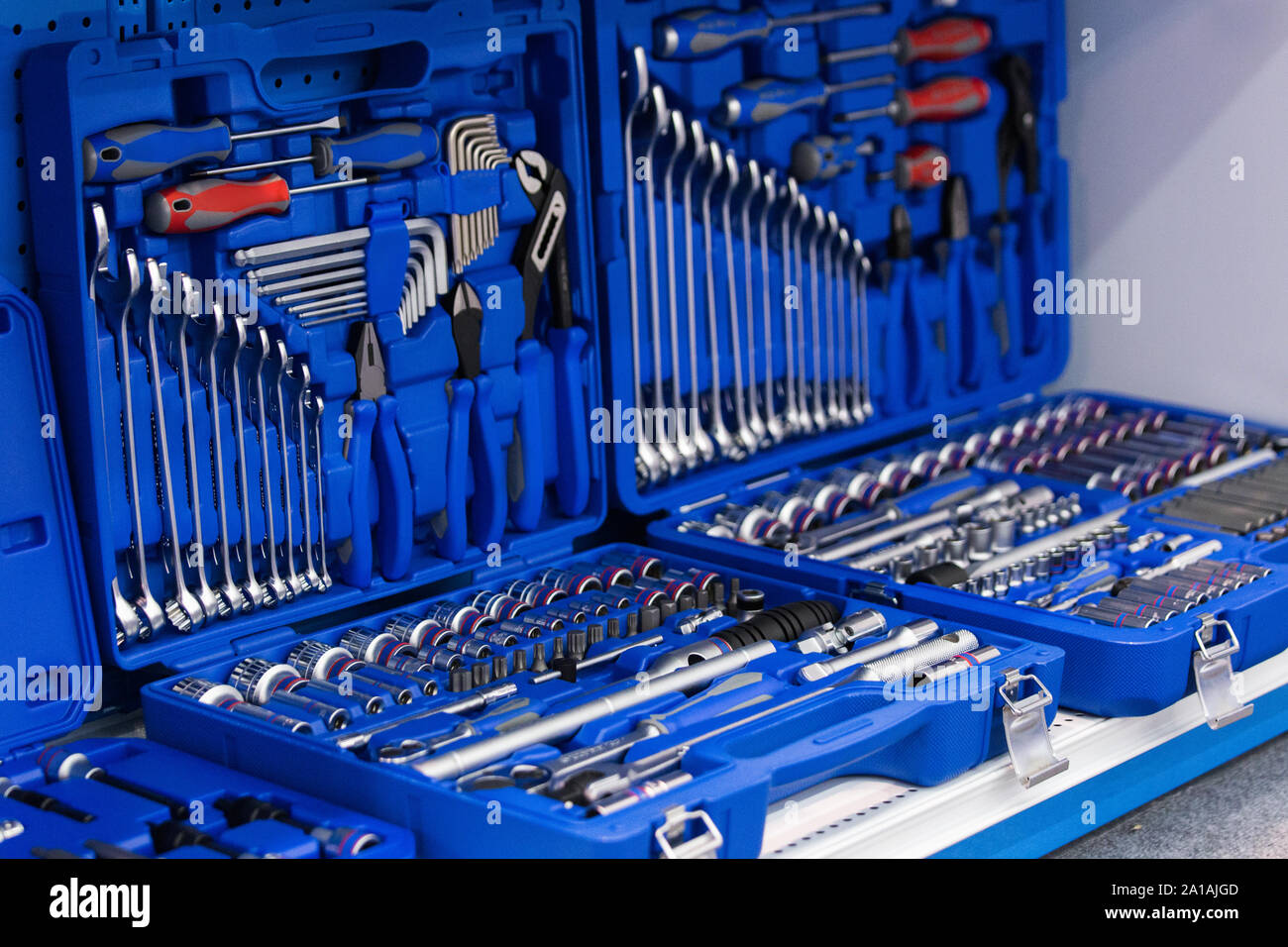 Tool box with wrenches and tools Stock Photo - Alamy