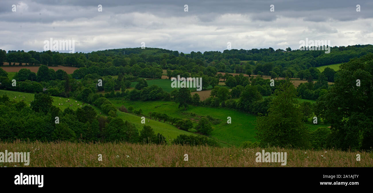 View from the hill on tranquil landscape in rural Normandy Stock Photo ...