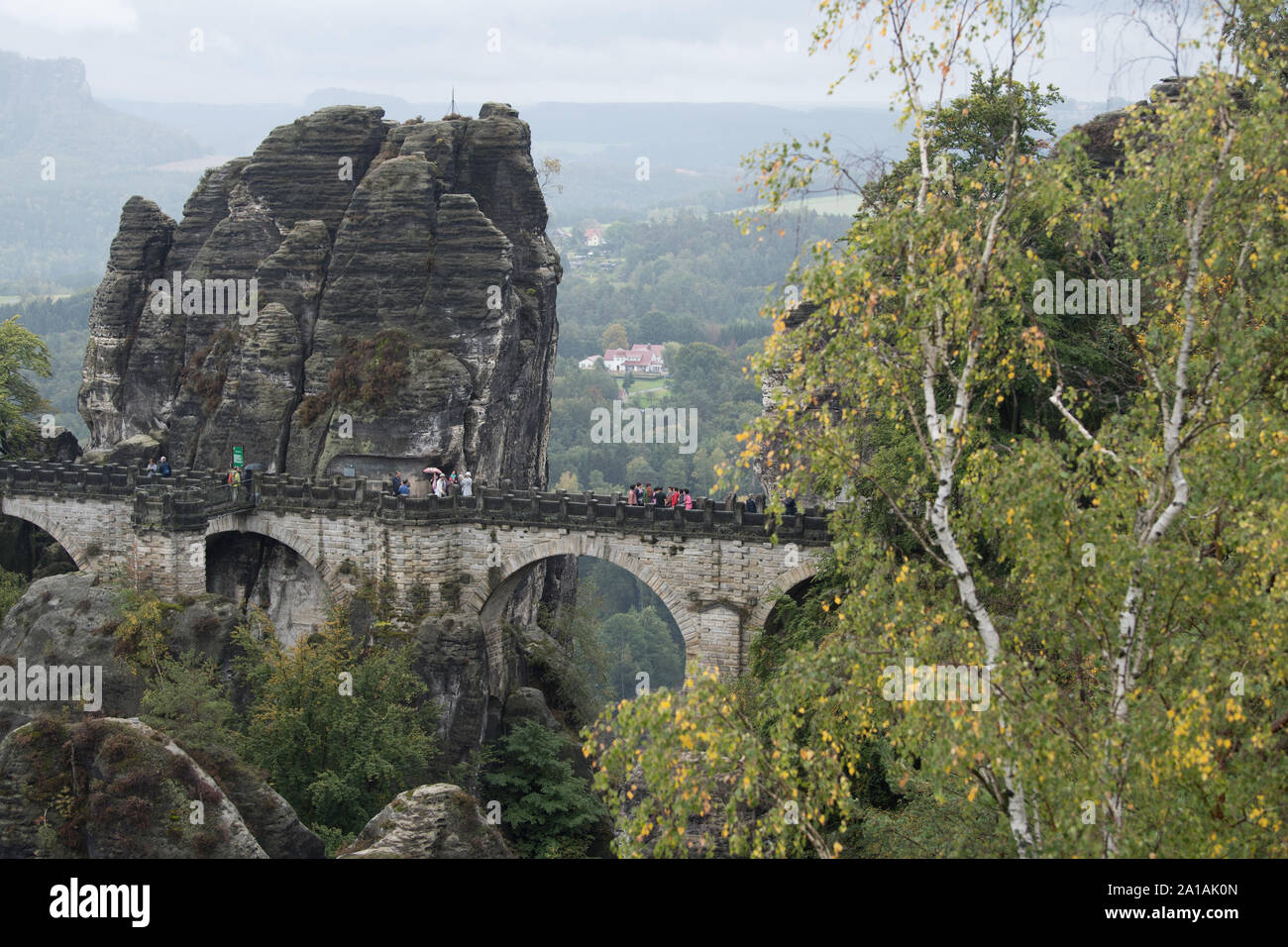 Germany. 25th Sep, 2019. Tourists cross the Bastei Bridge built in 1851 ...