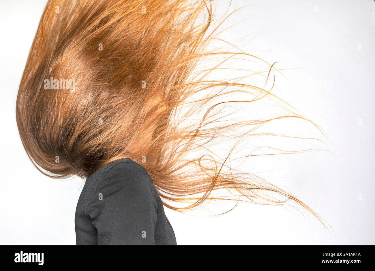Woman flipping hair wildly obscuring her face on white background Stock ...
