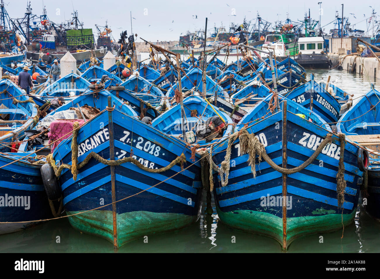 Blue wooden fishing boats in the harbour of Essaouira, Morocco, Maghreb ...