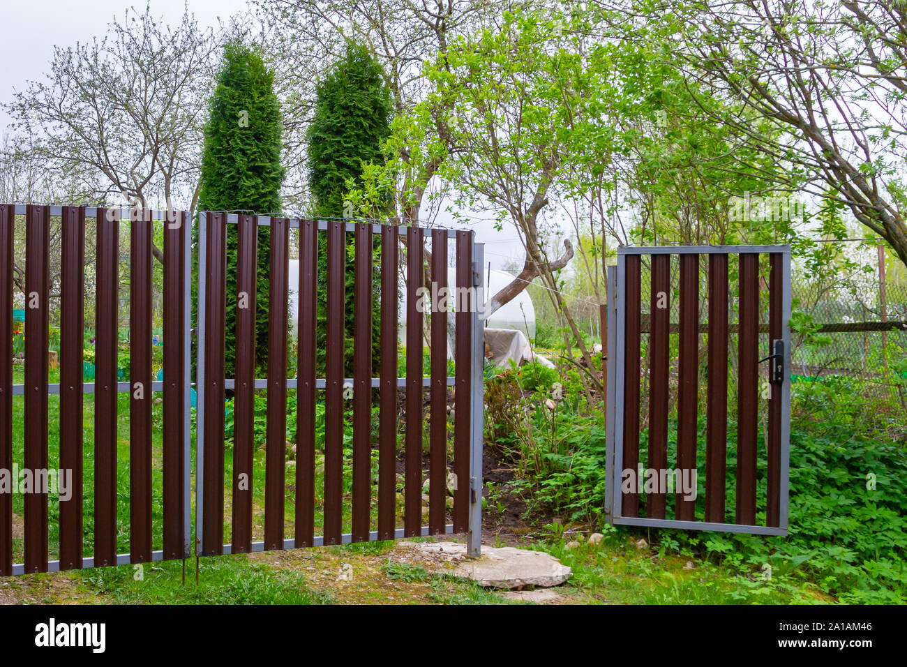 Metal mesh fence with open door in garden in spring Stock Photo - Alamy