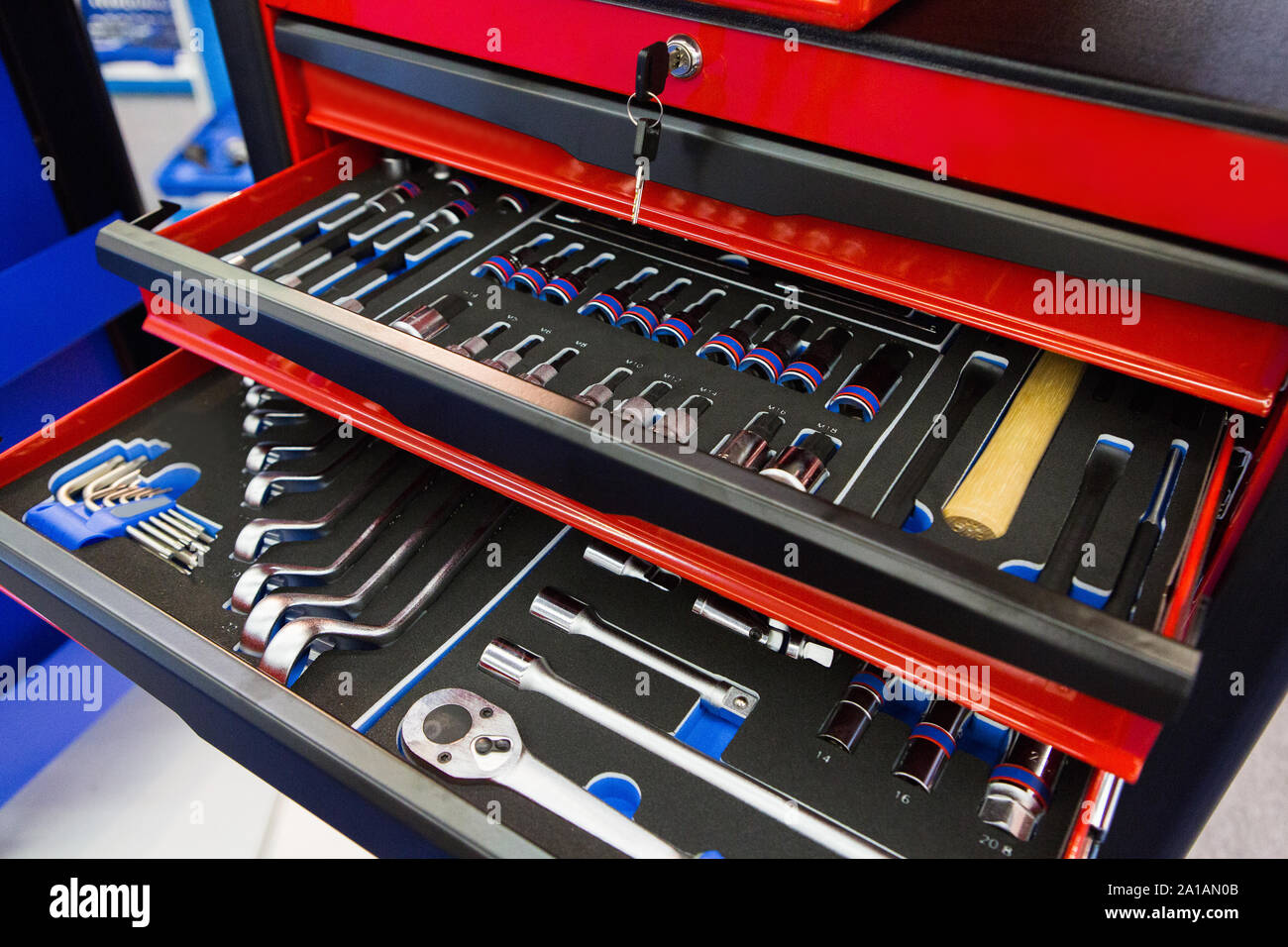 Tool box with wrenches and tools Stock Photo - Alamy