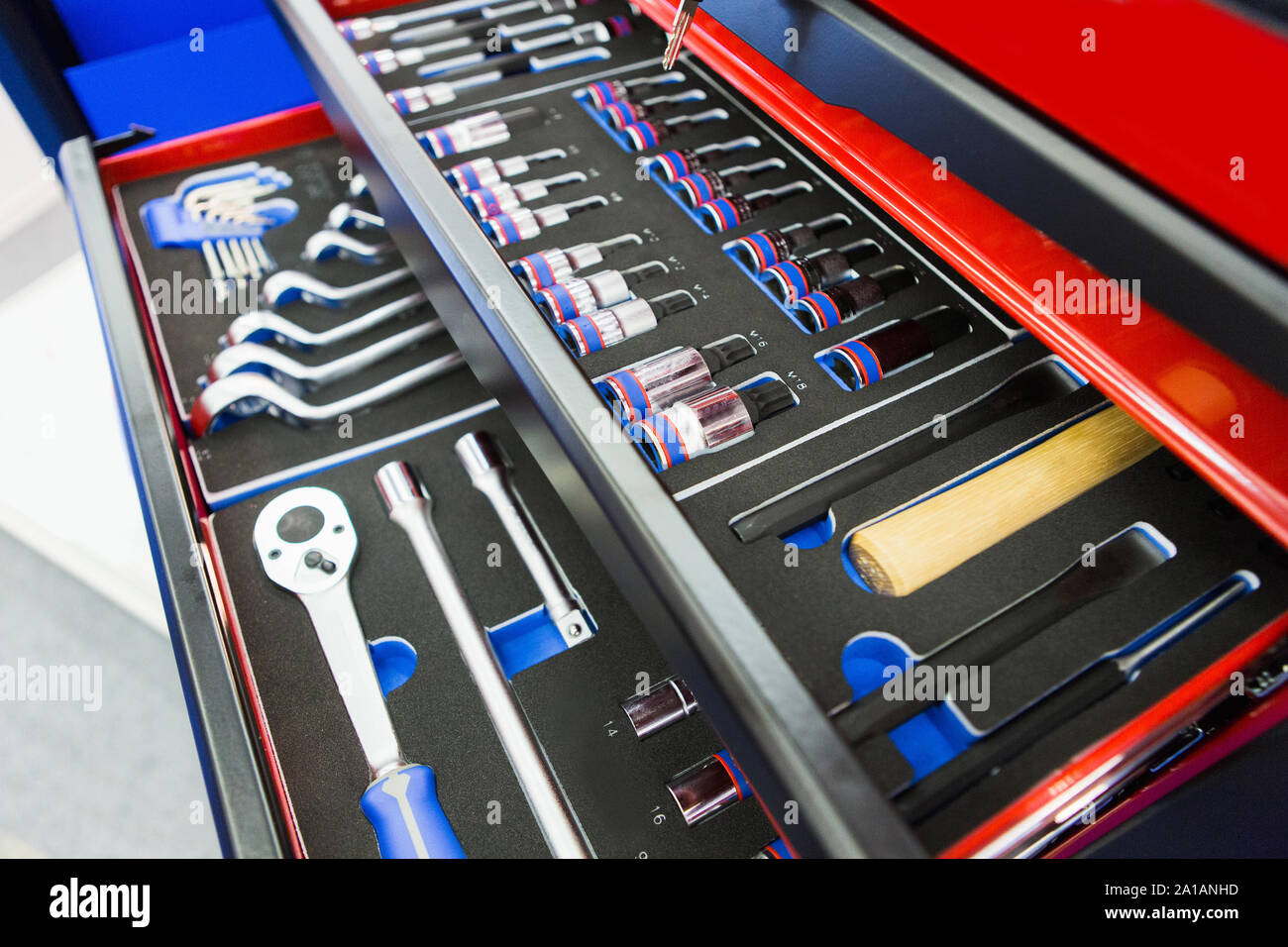 Tool box with wrenches and tools Stock Photo - Alamy
