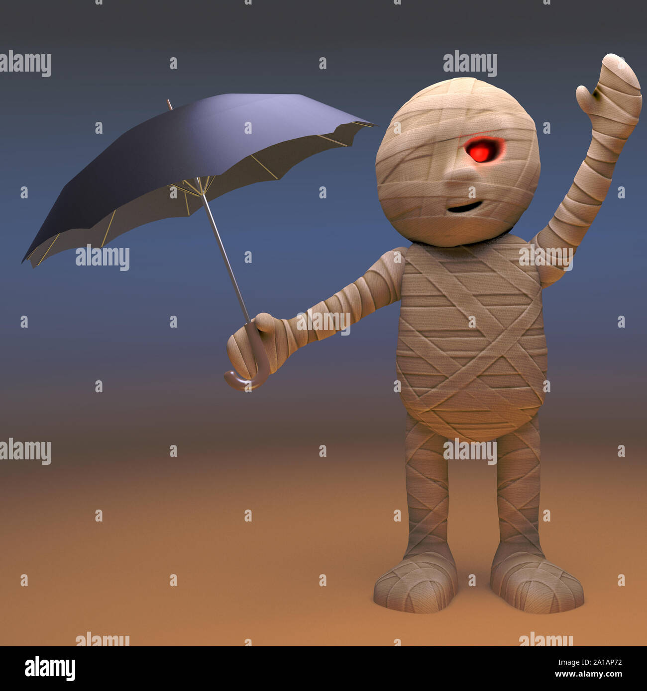 Egyptian mummy monster keeps his bandages dry with an umbrella, 3d ...