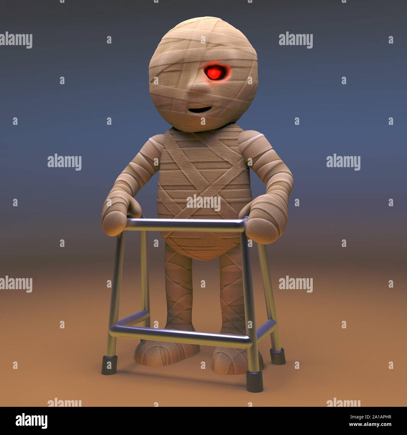 Old Egyptian mummy uses a walking frame to get about, 3d illustration ...