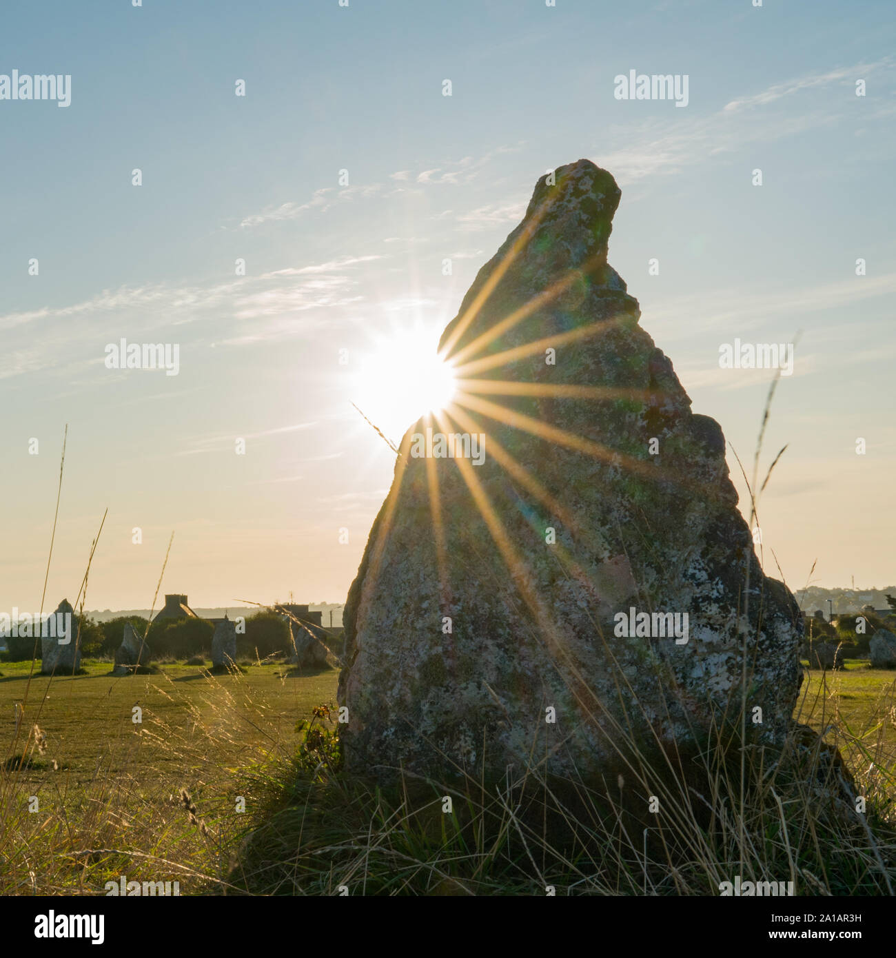 view of prehistoric monolith stone alignments in Brittany in warm ...