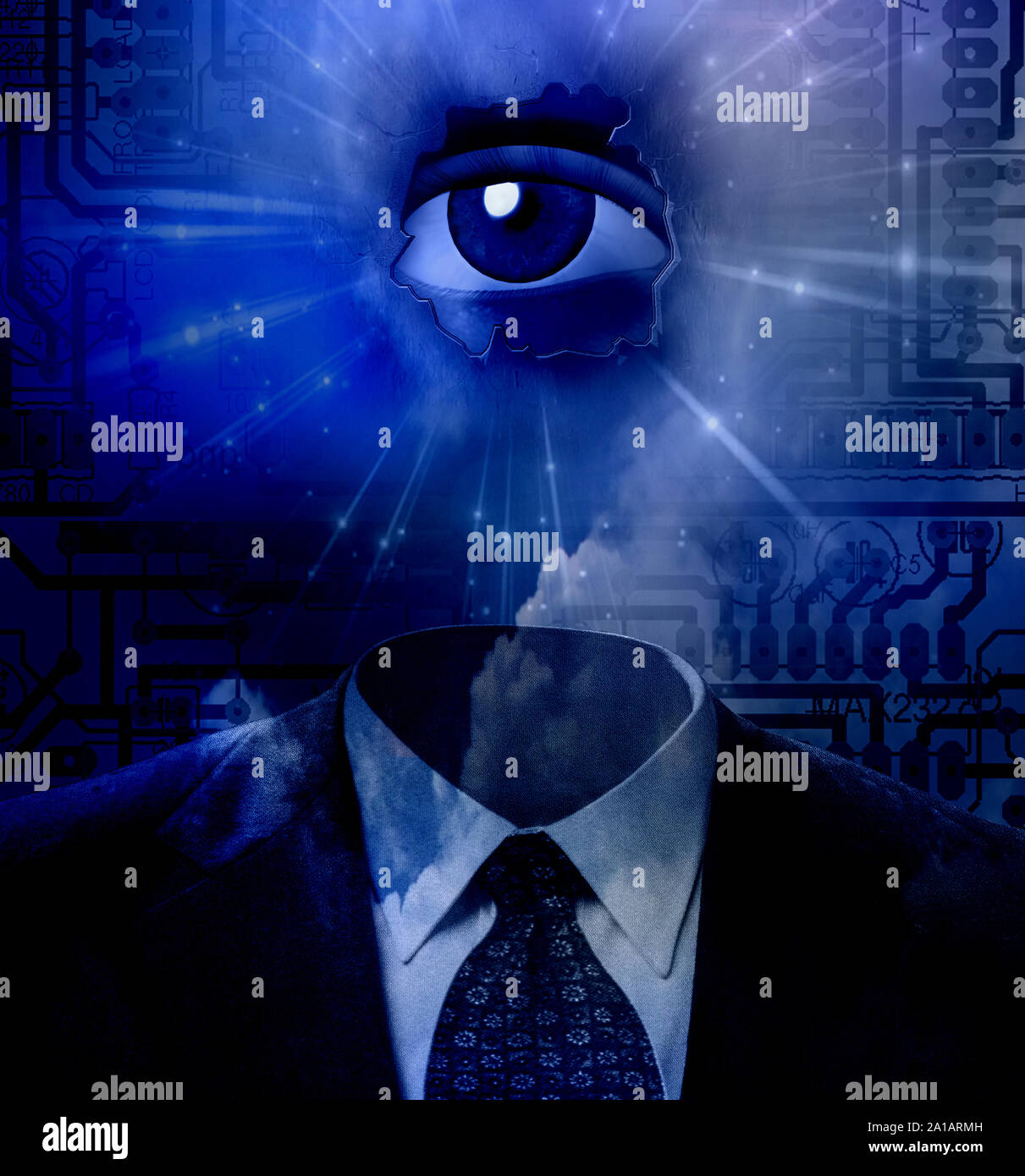 Overseer. Man's suit and eye on circuit board background Stock Photo ...