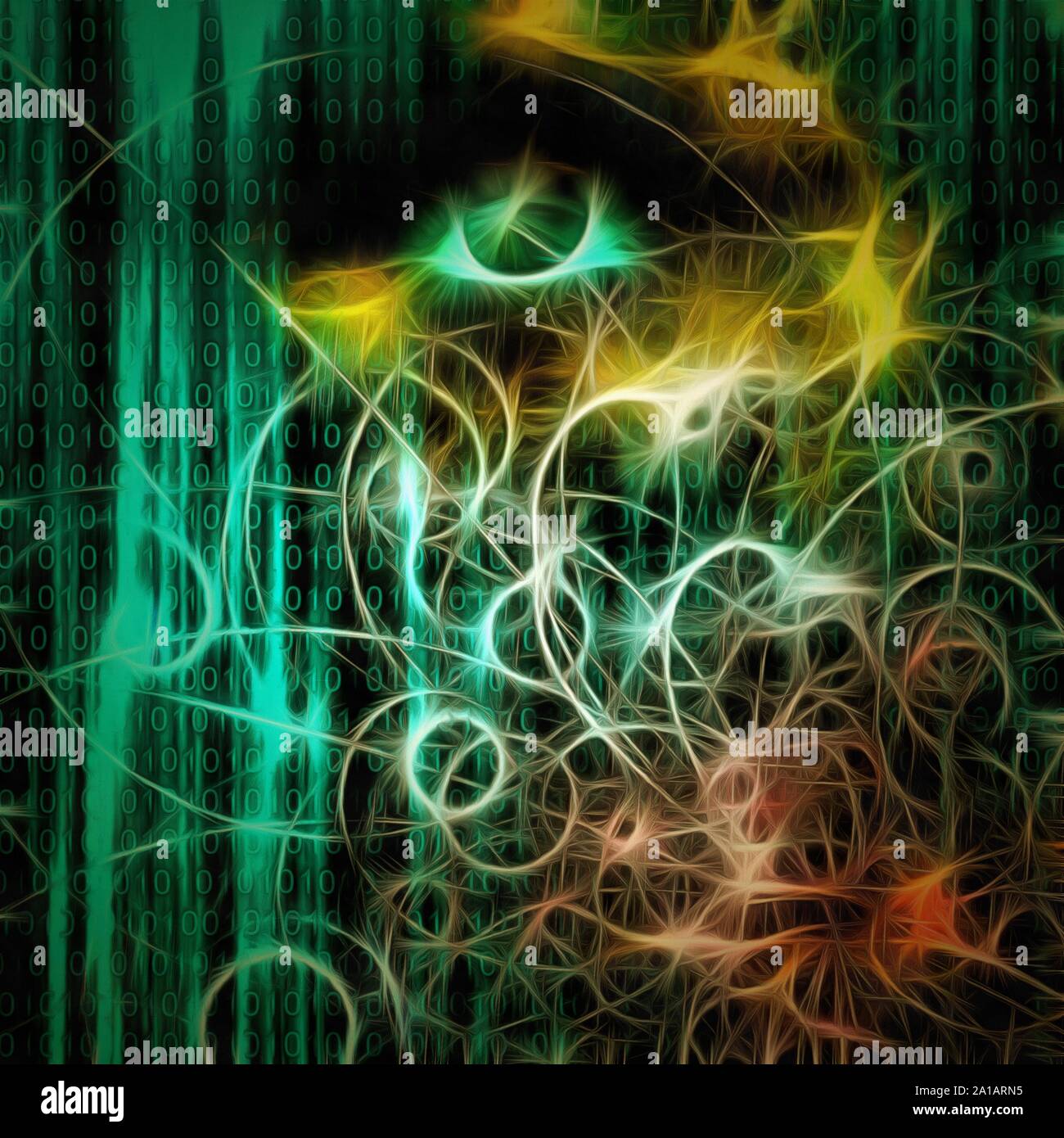 Surreal painting. Woman's eye. Swirls of light. Binary code on a ...