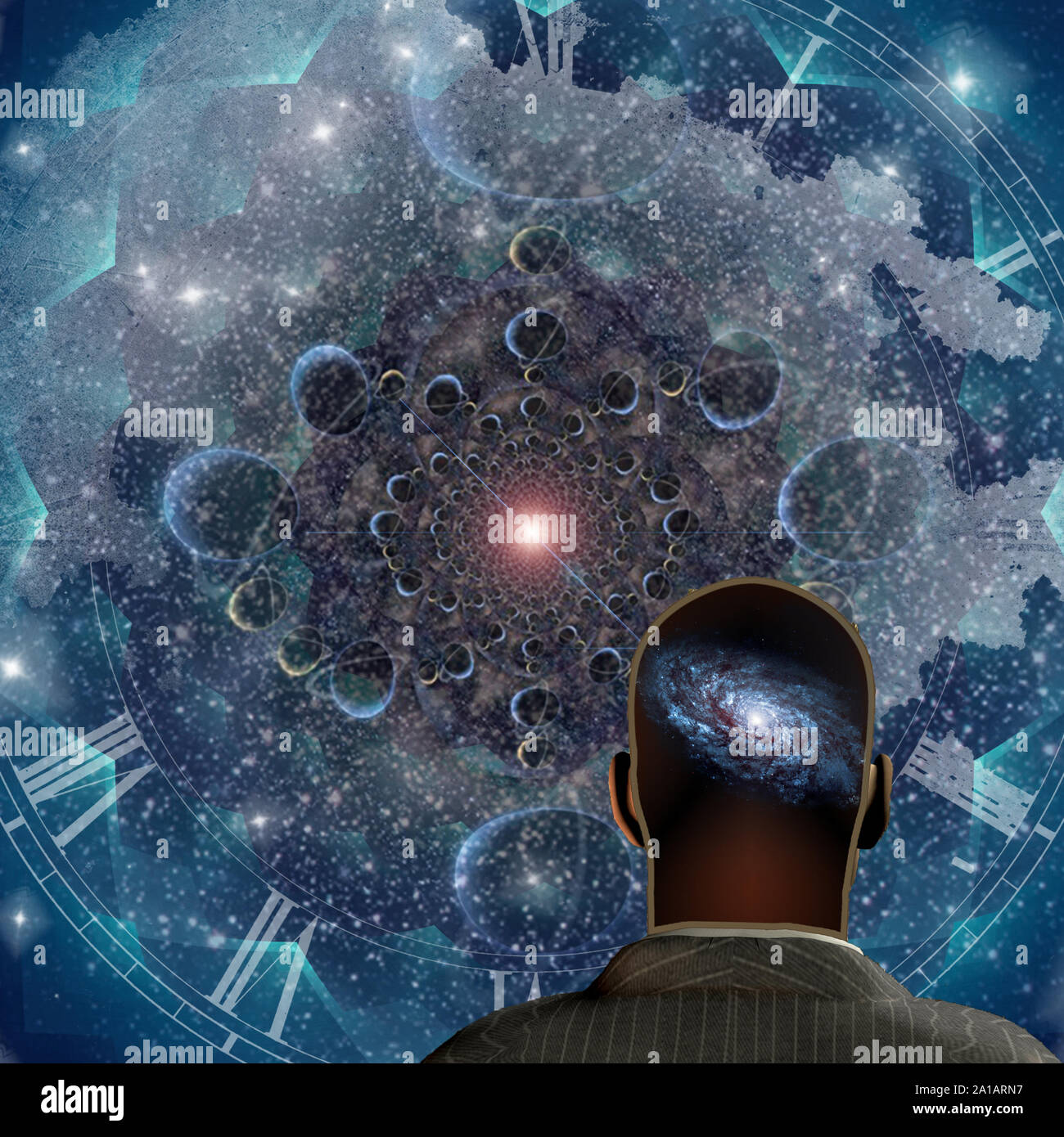 Space dreams. Man with galaxy in mind stands before endless universe ...