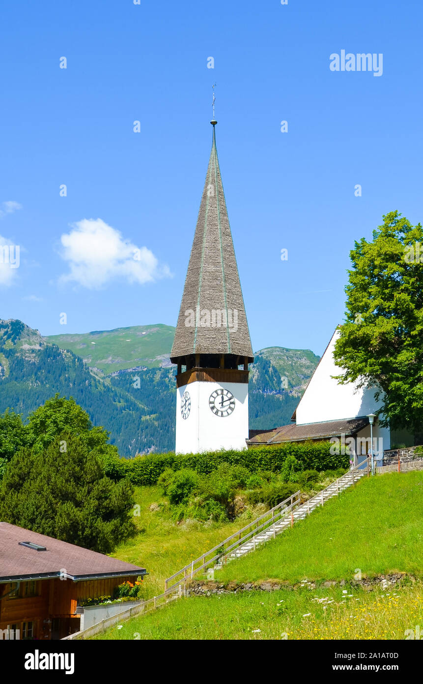 Beautiful Protestant church in Wengen, Switzerland photographed in the ...