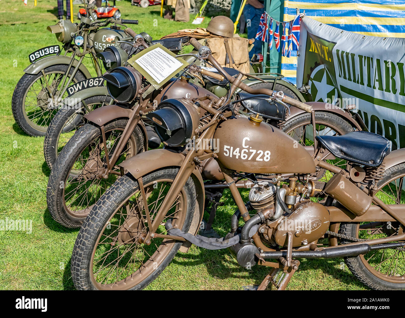 Row of 1940's military motorcycles on display at the annual forties ...