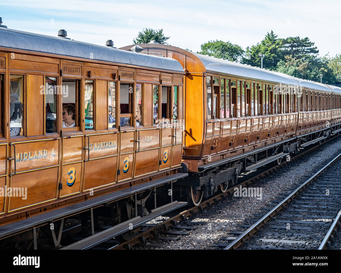 Traditional 1940's wooden railway carriage in Sheringham train station ...