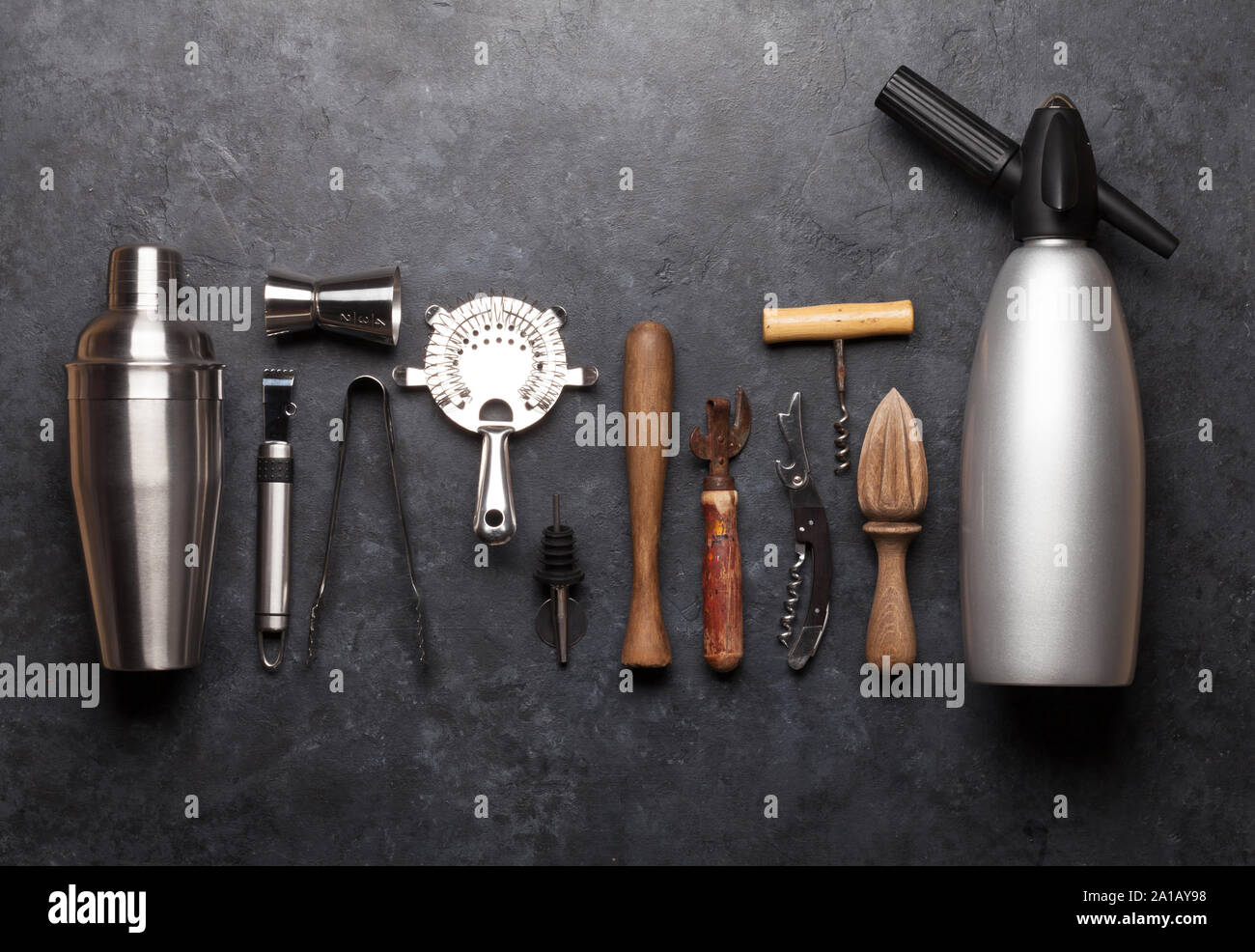 Cocktail utensils. Set of bar tools on stone table. Top view flat lay ...