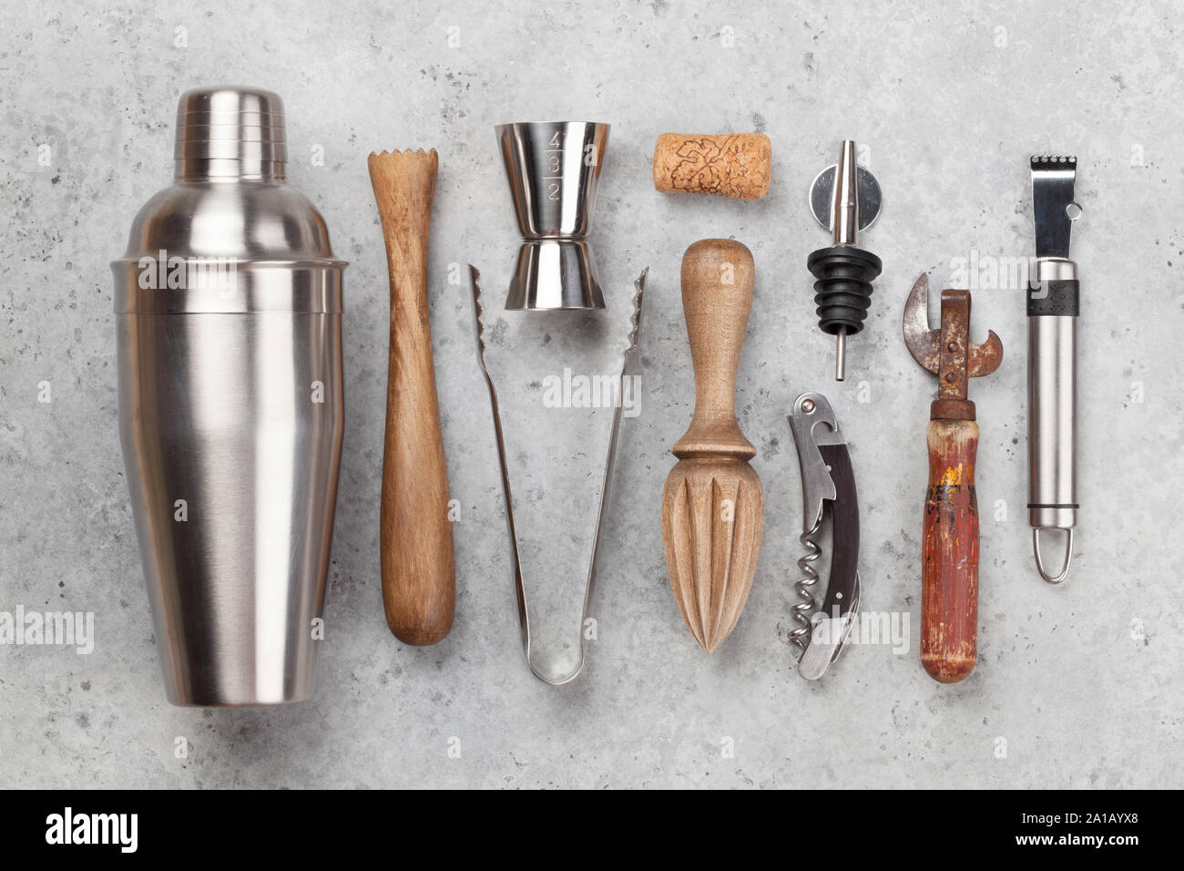 Cocktail utensils. Set of bar tools on stone table. Top view flat lay ...