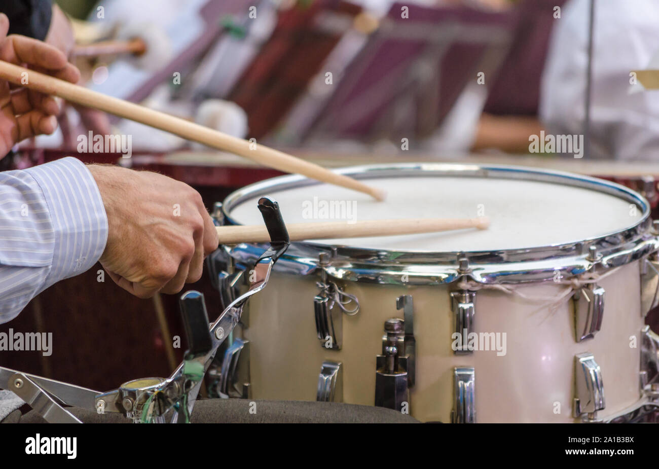 male musician drummer hands with drumsticks and drum closeup Stock ...