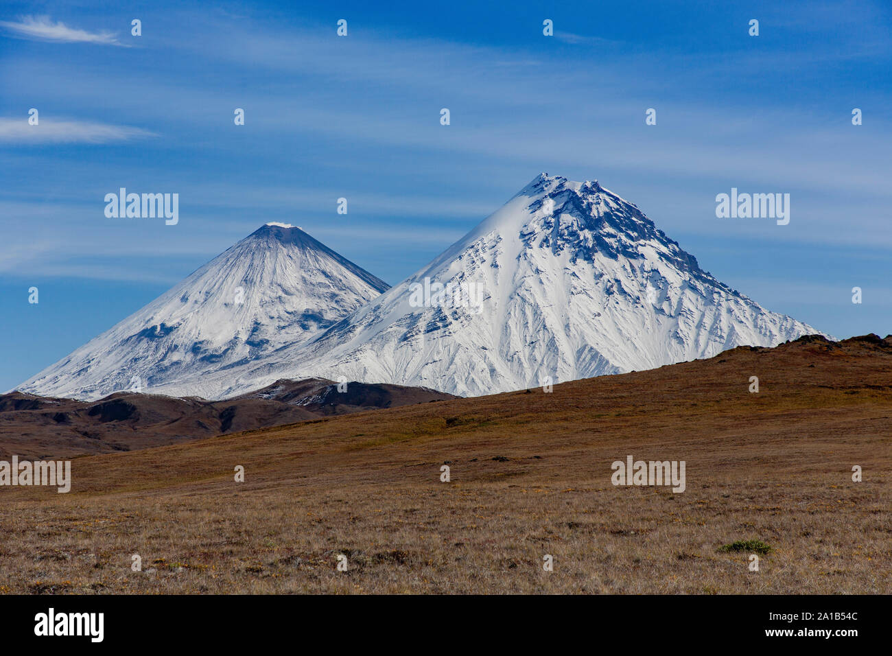 Views of Kliuchevskoi and Kamen volcanoes in Kliuchevskoi National Park ...