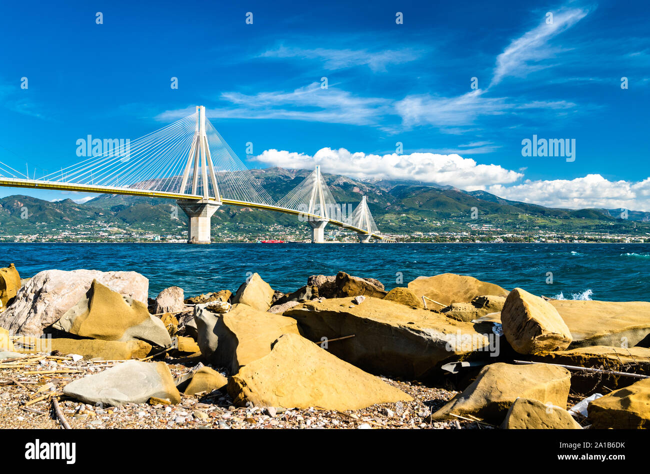 Rio-Antirrio bridge across the Gulf of Corinth in Greece Stock Photo ...