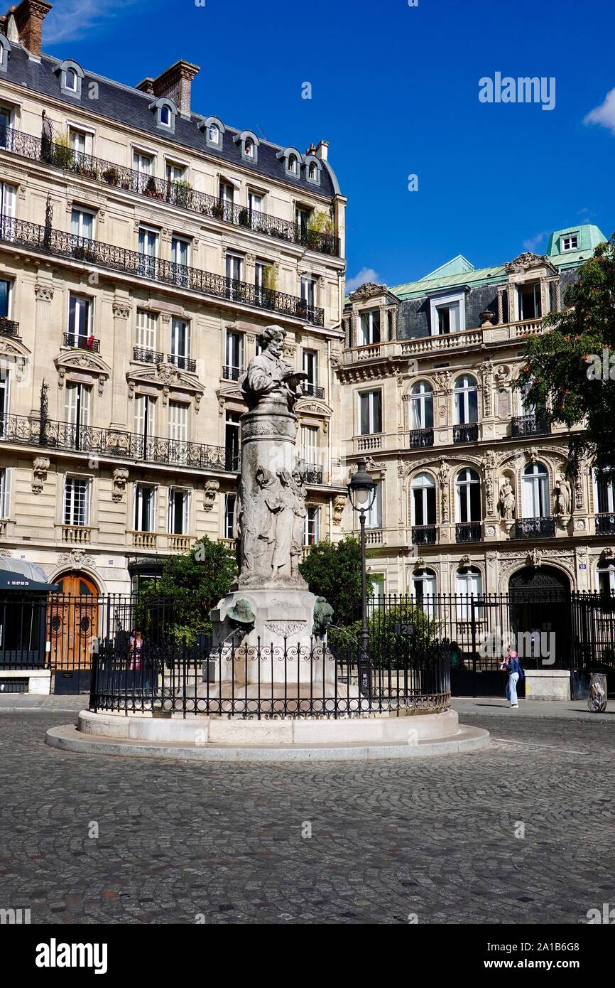 Fountain with bust of illustrator Paul Gavarni (1804-1866) with a few ...