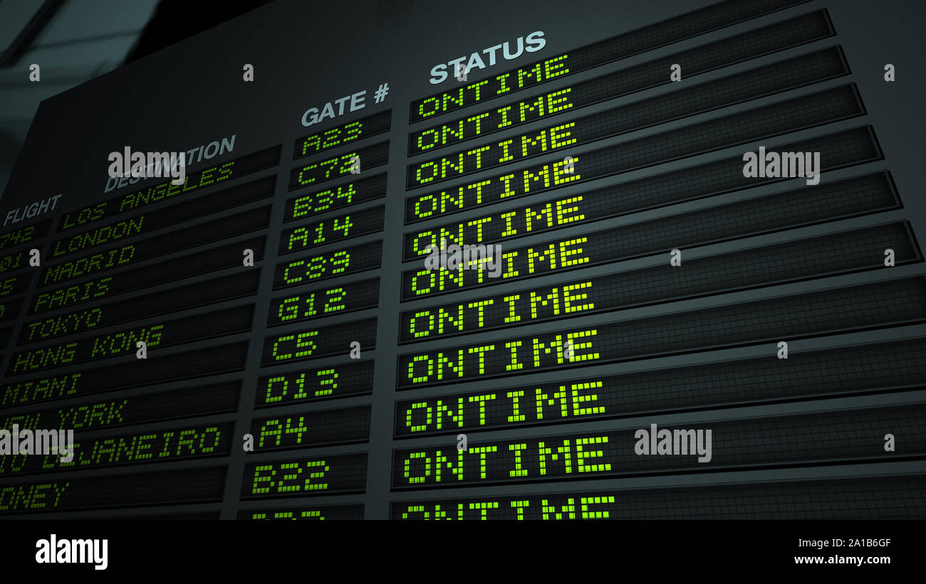 Flight information board in airport terminal. Extreme POV. DOF focus on ...