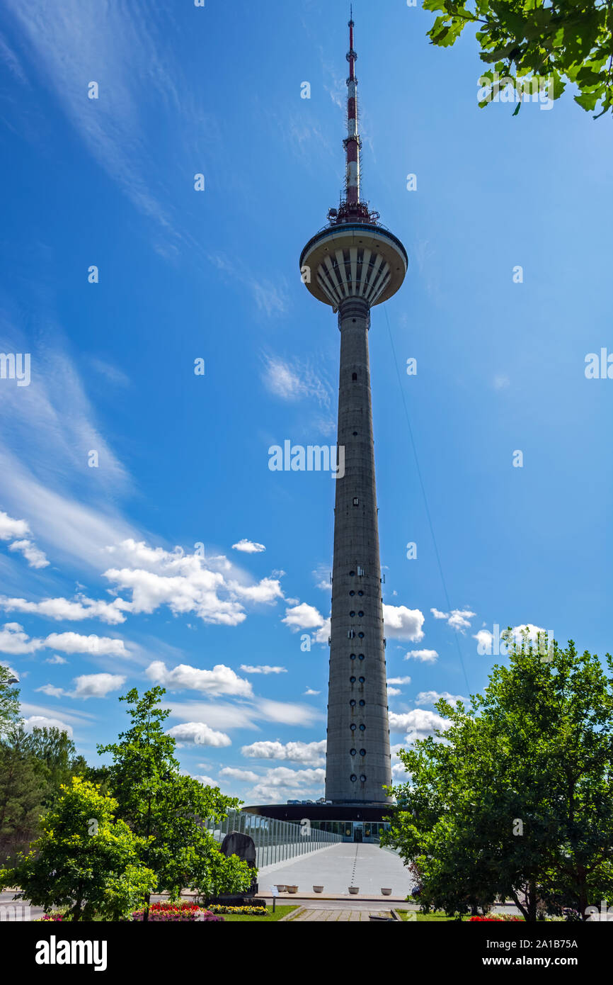 Tallinn television center with a television tower on a background of ...