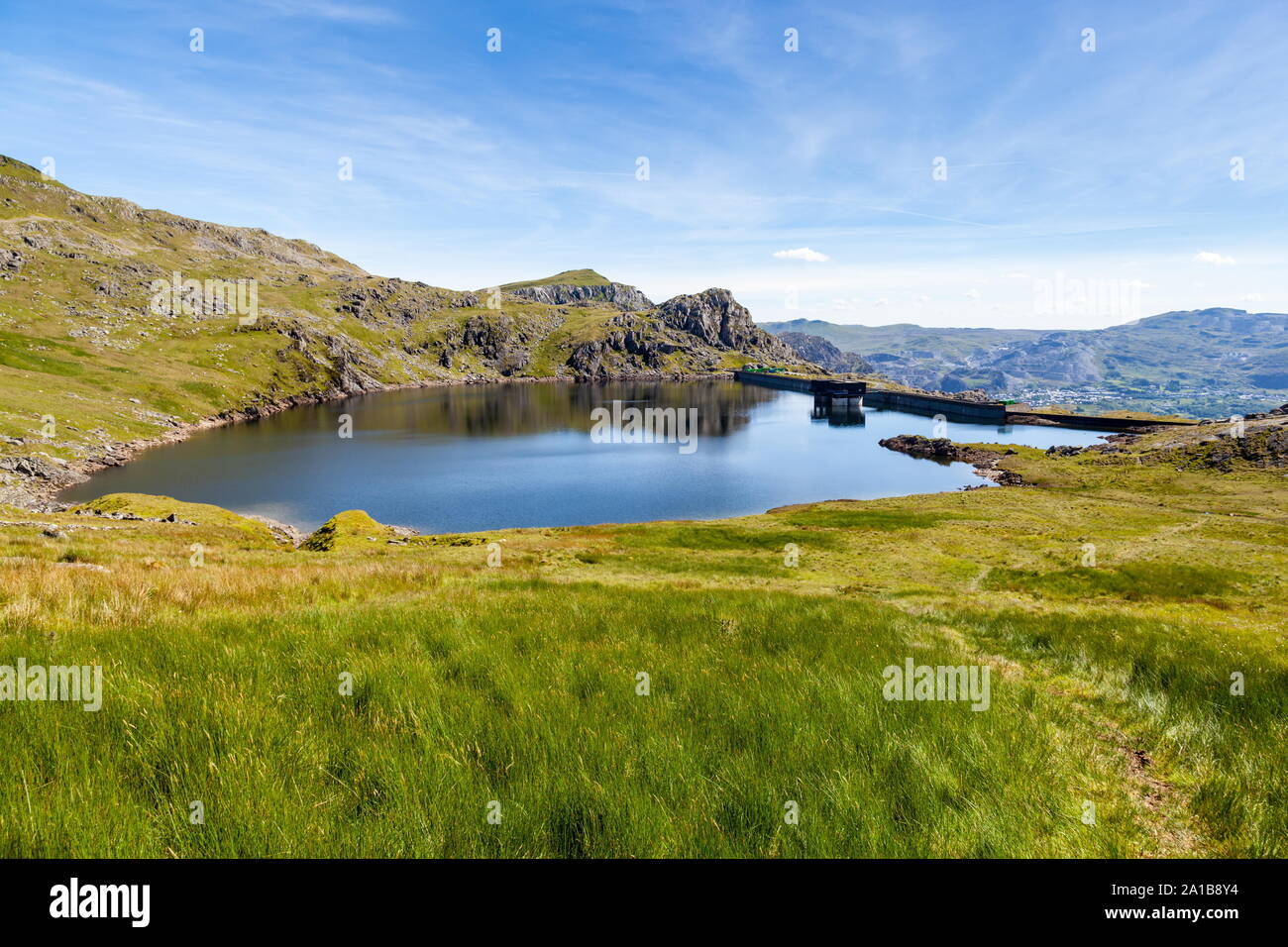 Looking down on Llyn Stwlan, a pump storage reservoir high on the side ...