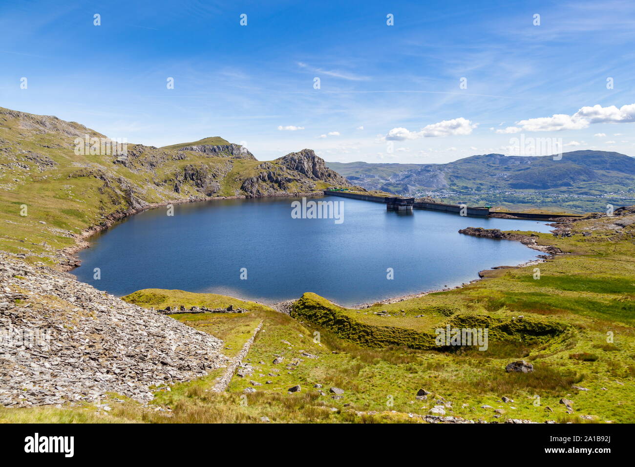 Looking down on Llyn Stwlan, a pump storage reservoir high on the side ...