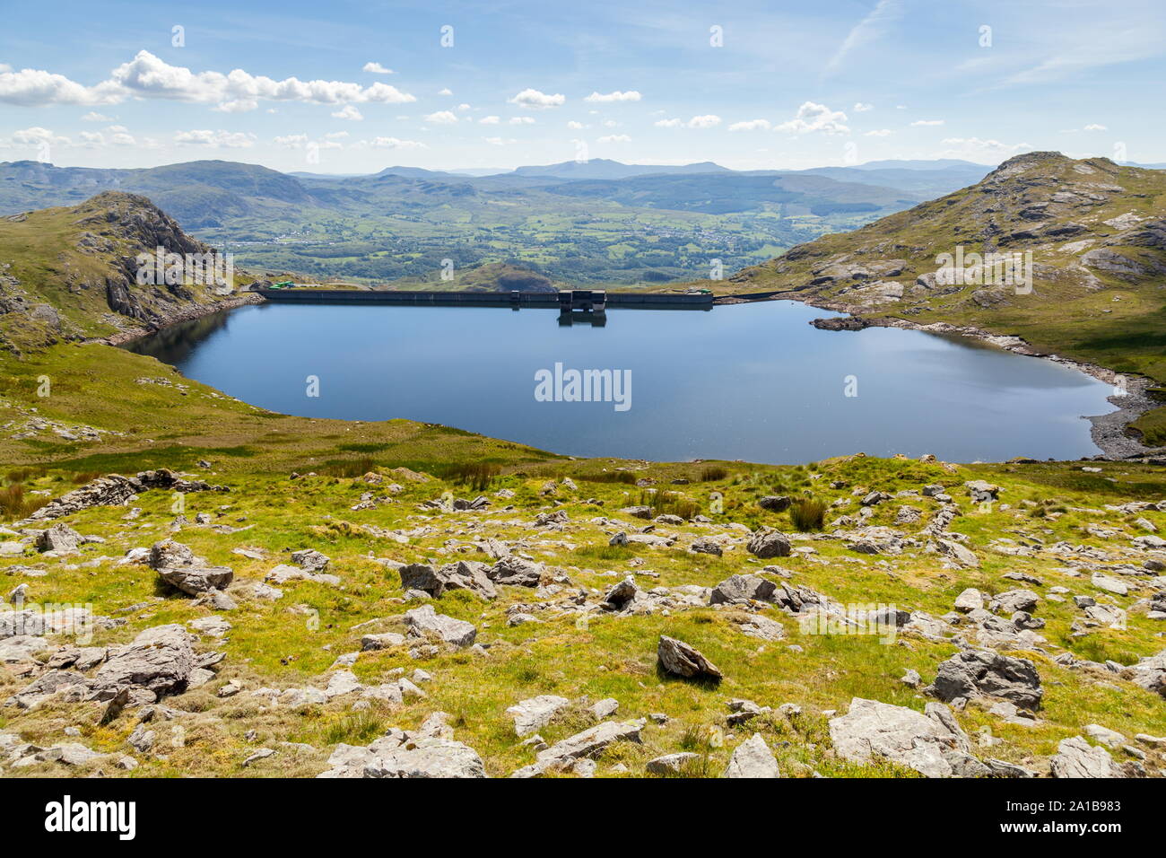 Looking down on Llyn Stwlan, a pump storage reservoir high on the side ...