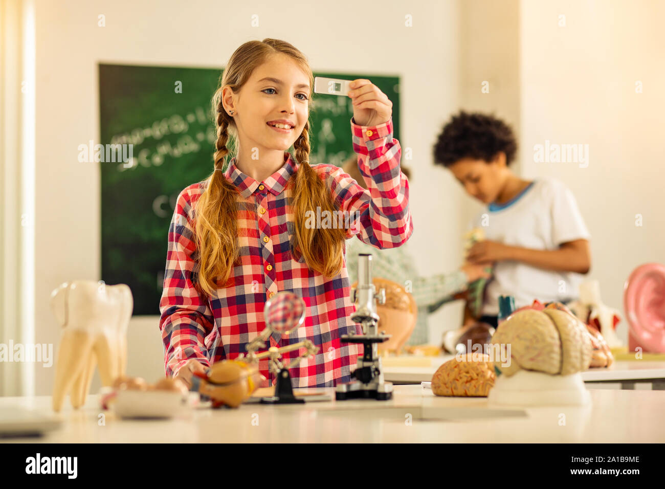 Pleased blonde girl studying with her classmates Stock Photo - Alamy