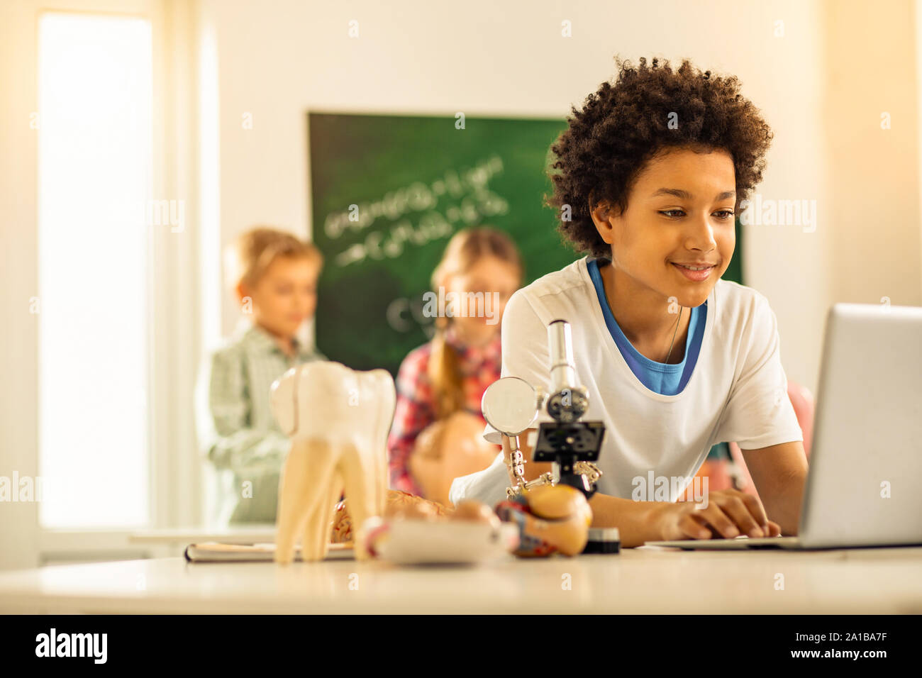 Attentive dark-skinned kid staring at screen of his computer Stock ...