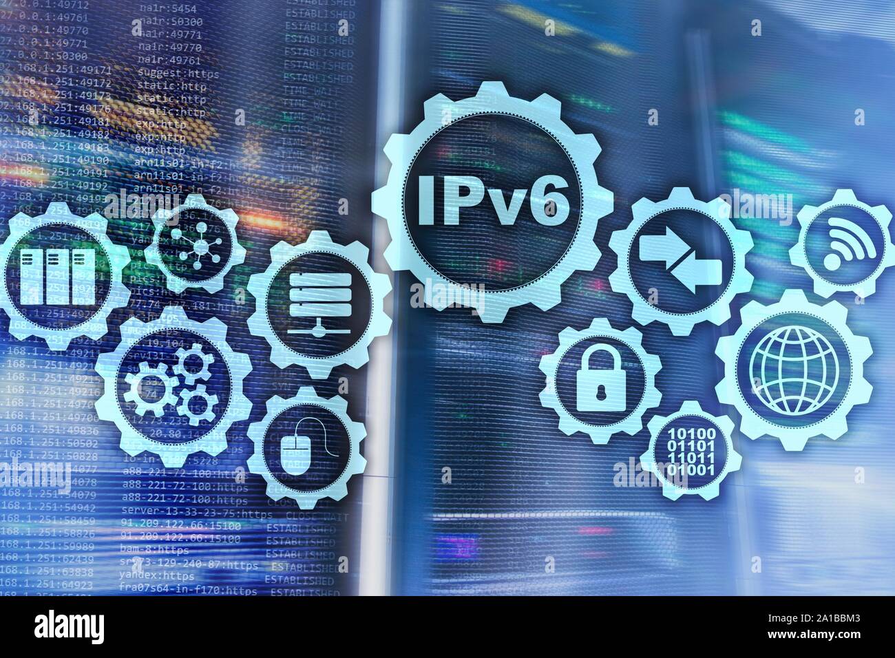 IPv6 Internet Protocol on server room background. Business Technology ...