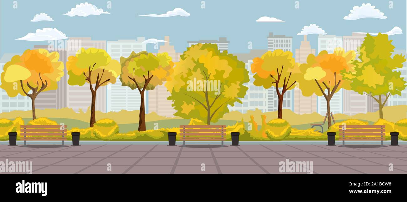 Cartoon autumn park panorama with walkway bench and bins. Fall street ...
