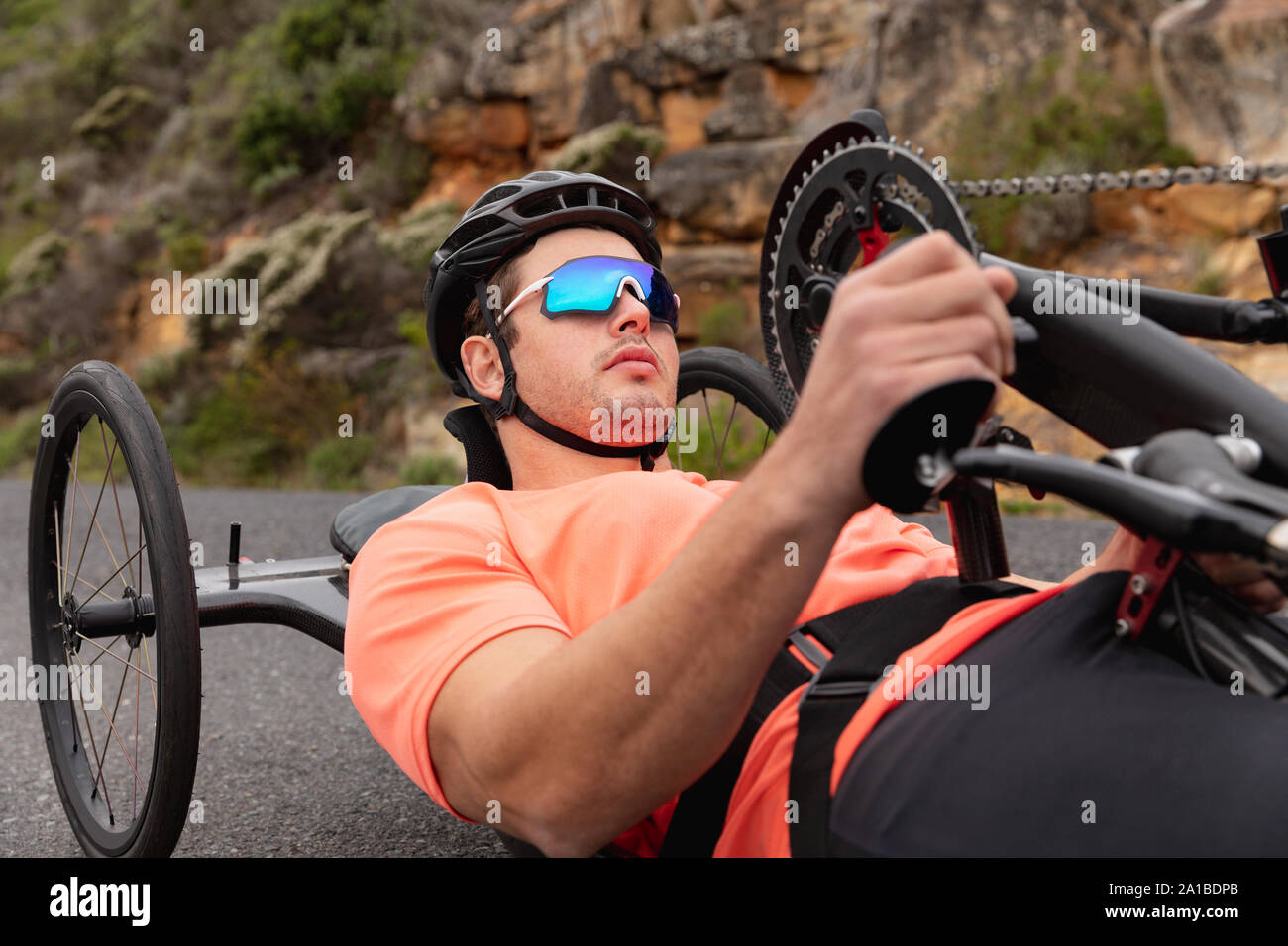 Man cycling on recumbent bicycle Stock Photo - Alamy