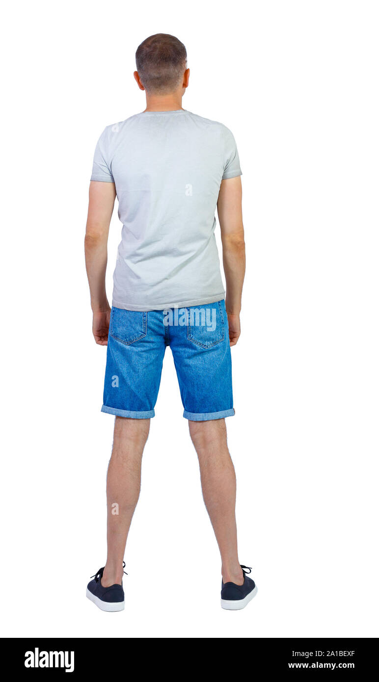 Back view of young manin shorts looking. Rear view people collection ...