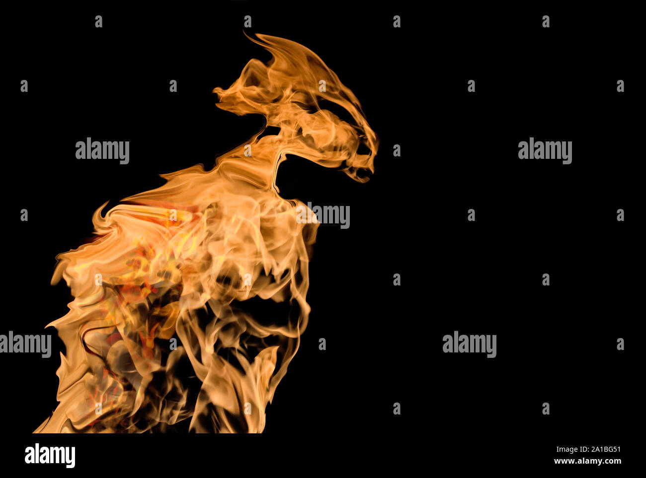 Fire a flame on a UFO-shaped alien on a black isolated background. fire ...