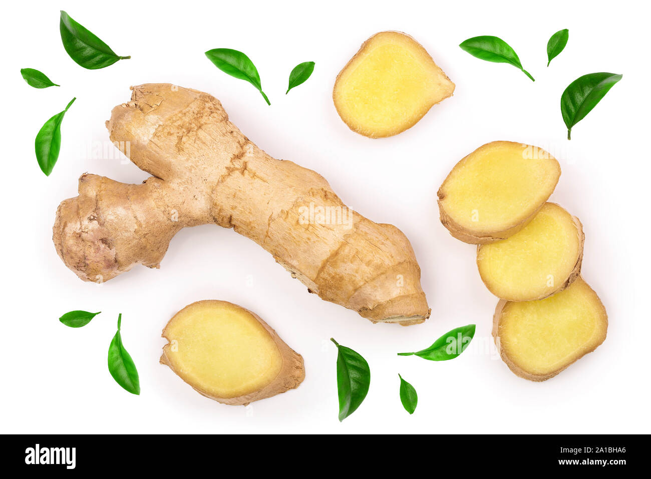 fresh Ginger root and slice isolated on white background. Top view ...