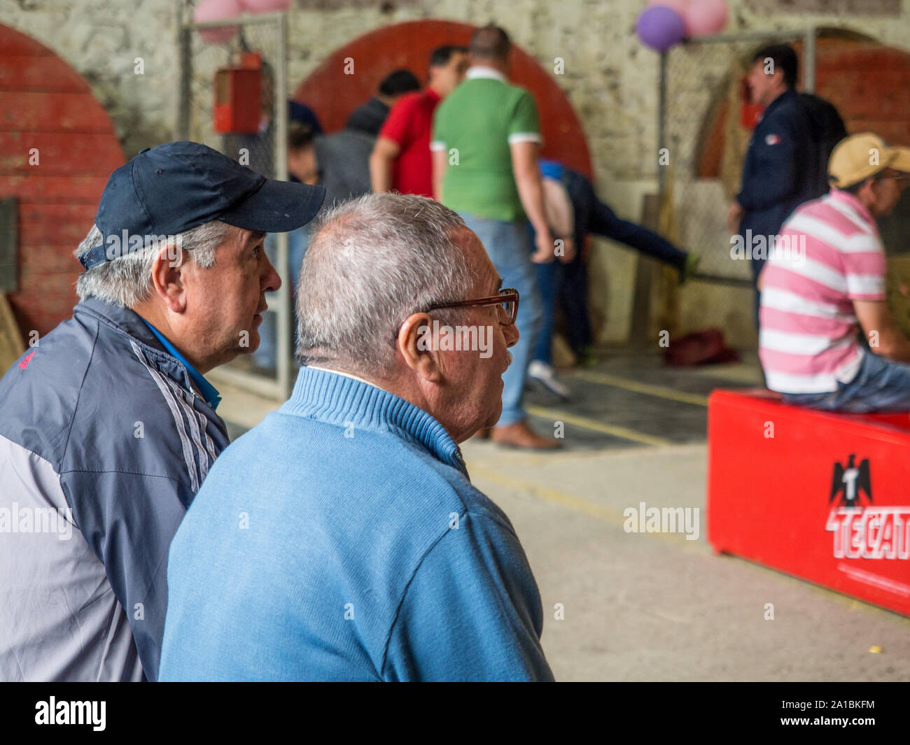Bogota, Colombia - Septemebr. 09, 2017: Colombian men are playing tejo ...