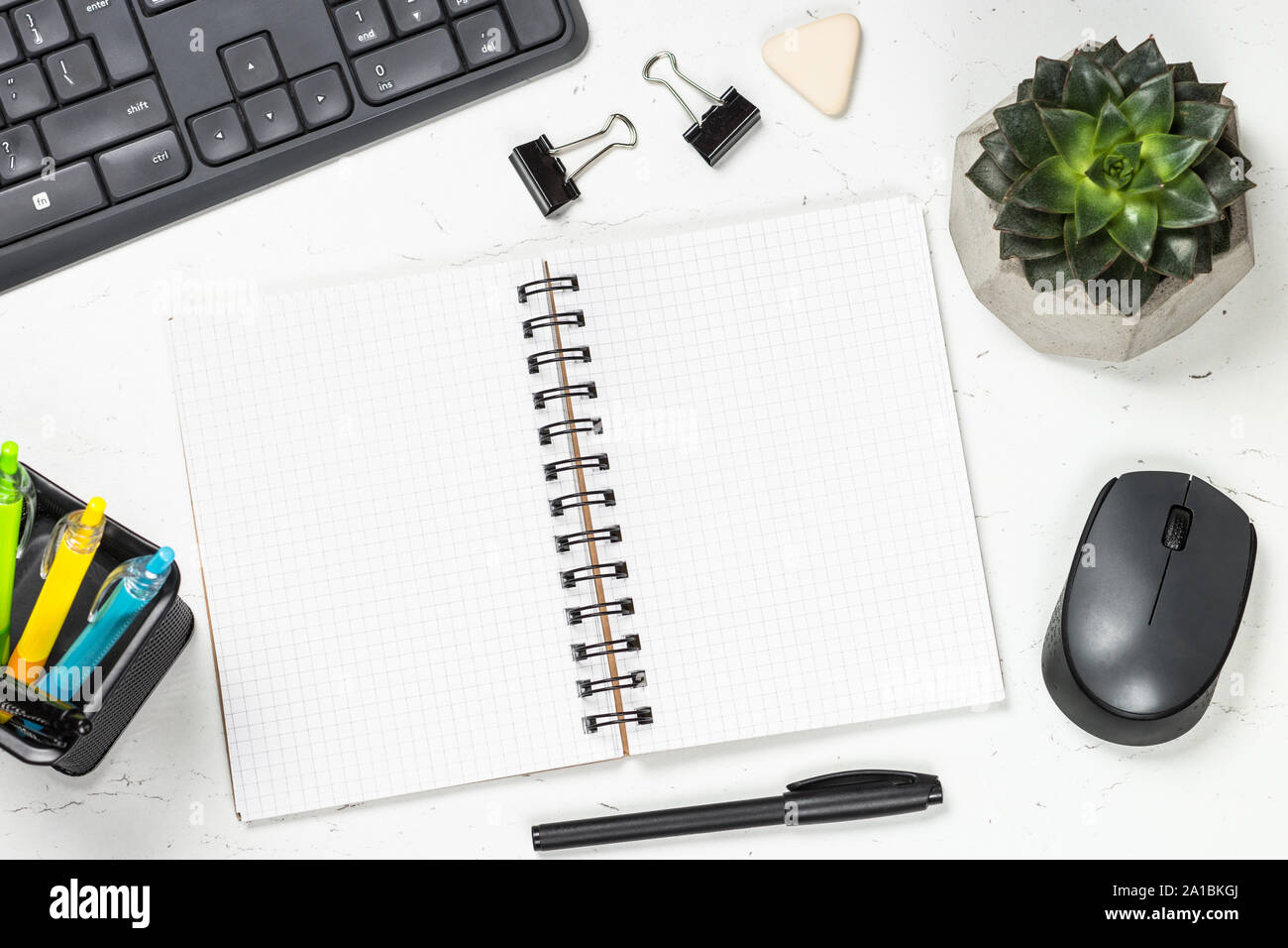 Office desk on white top view Stock Photo - Alamy
