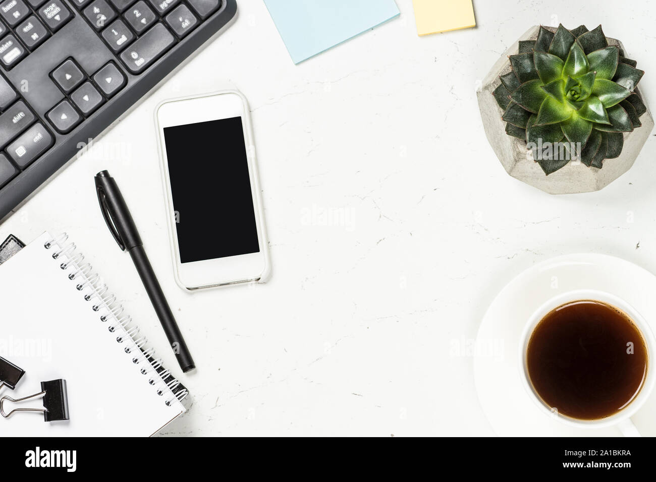 Office desk on white top view Stock Photo - Alamy