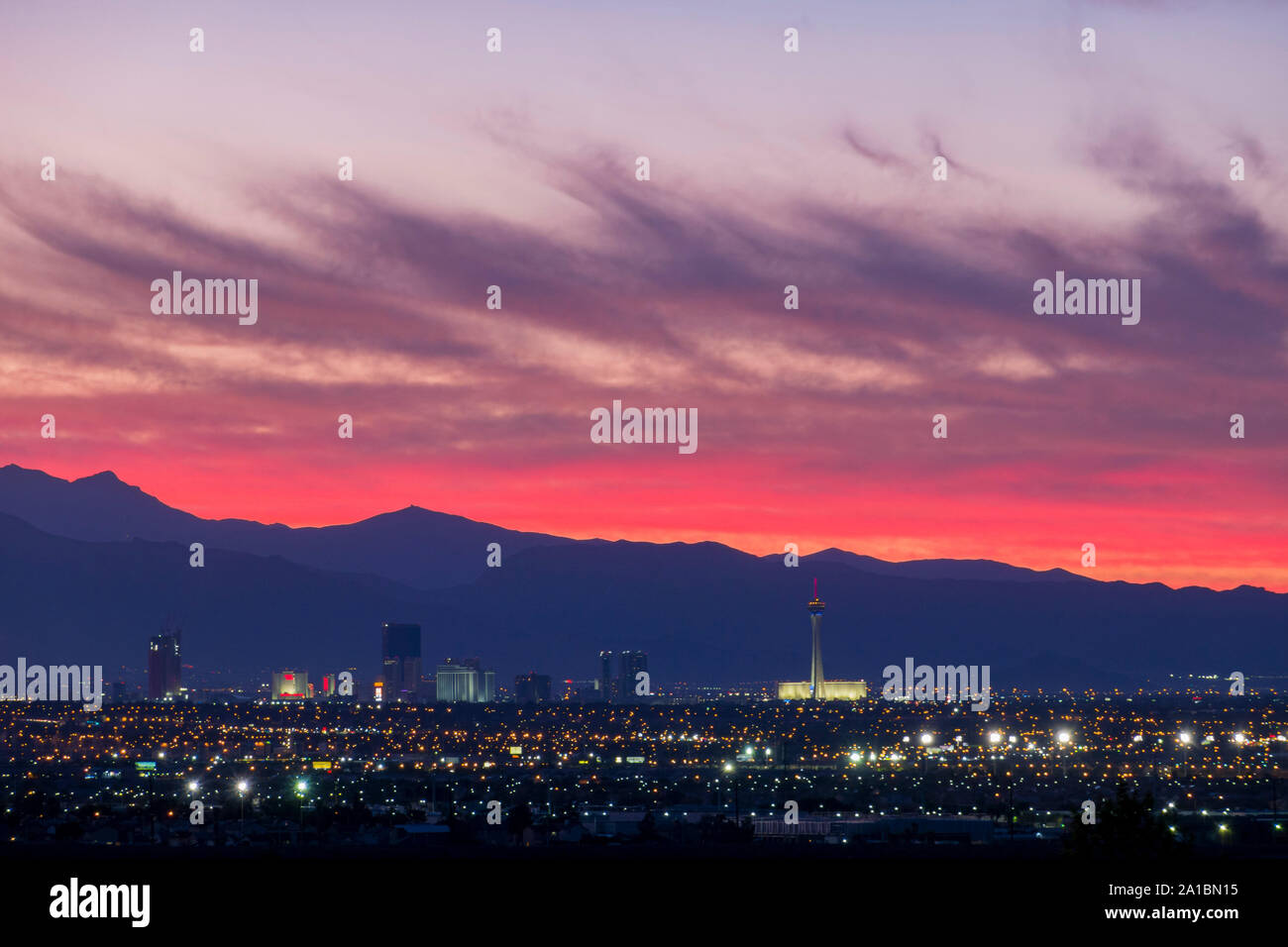 Aerial sunset high angle view of the downtown Las Vegas Strip at Nevada ...