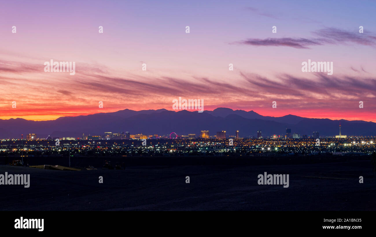 Aerial sunset high angle view of the downtown Las Vegas Strip at Nevada ...