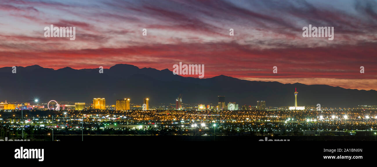 Aerial sunset high angle view of the downtown Las Vegas Strip at Nevada ...