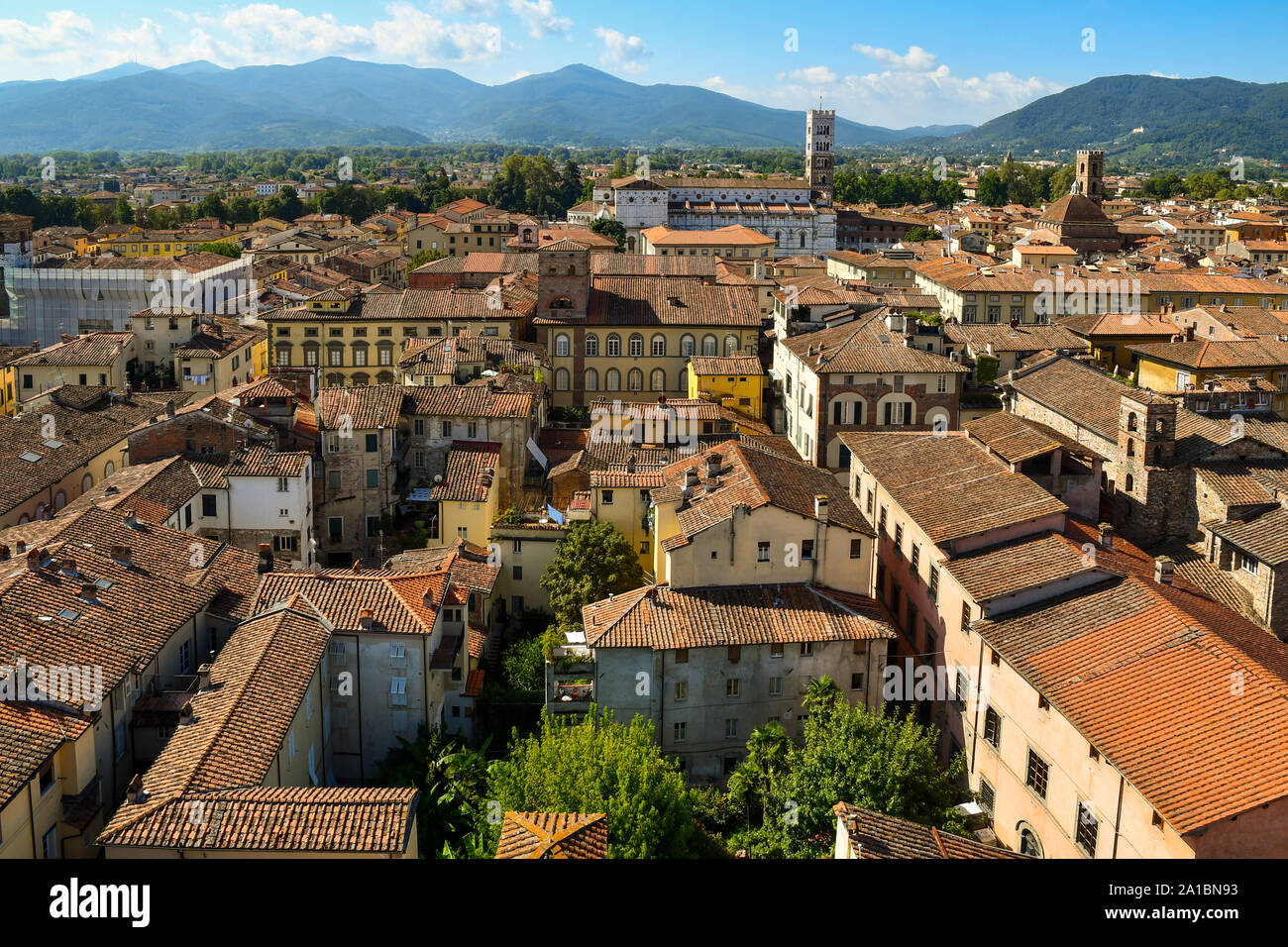 Elevated, panoramic view of the historical centre of Lucca from the ...