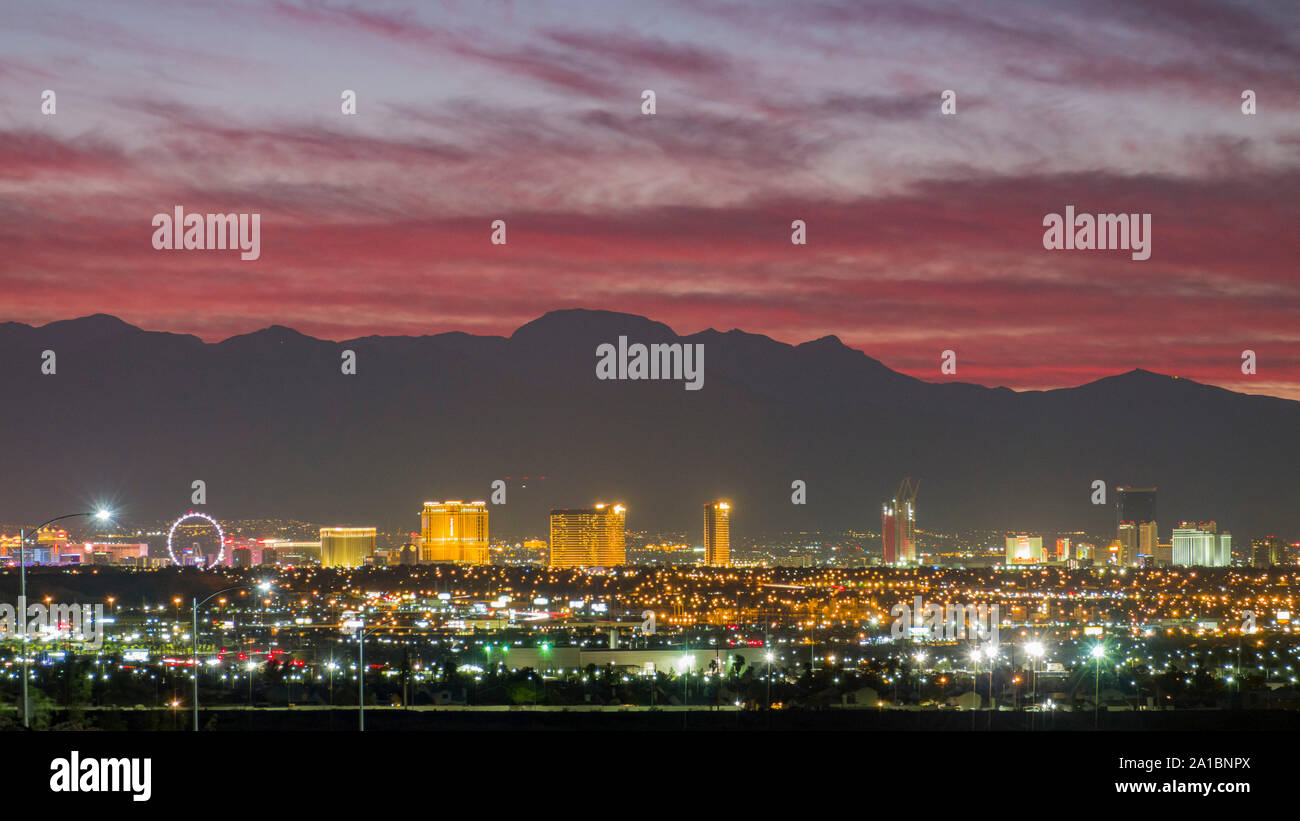 Aerial sunset high angle view of the downtown Las Vegas Strip at Nevada ...