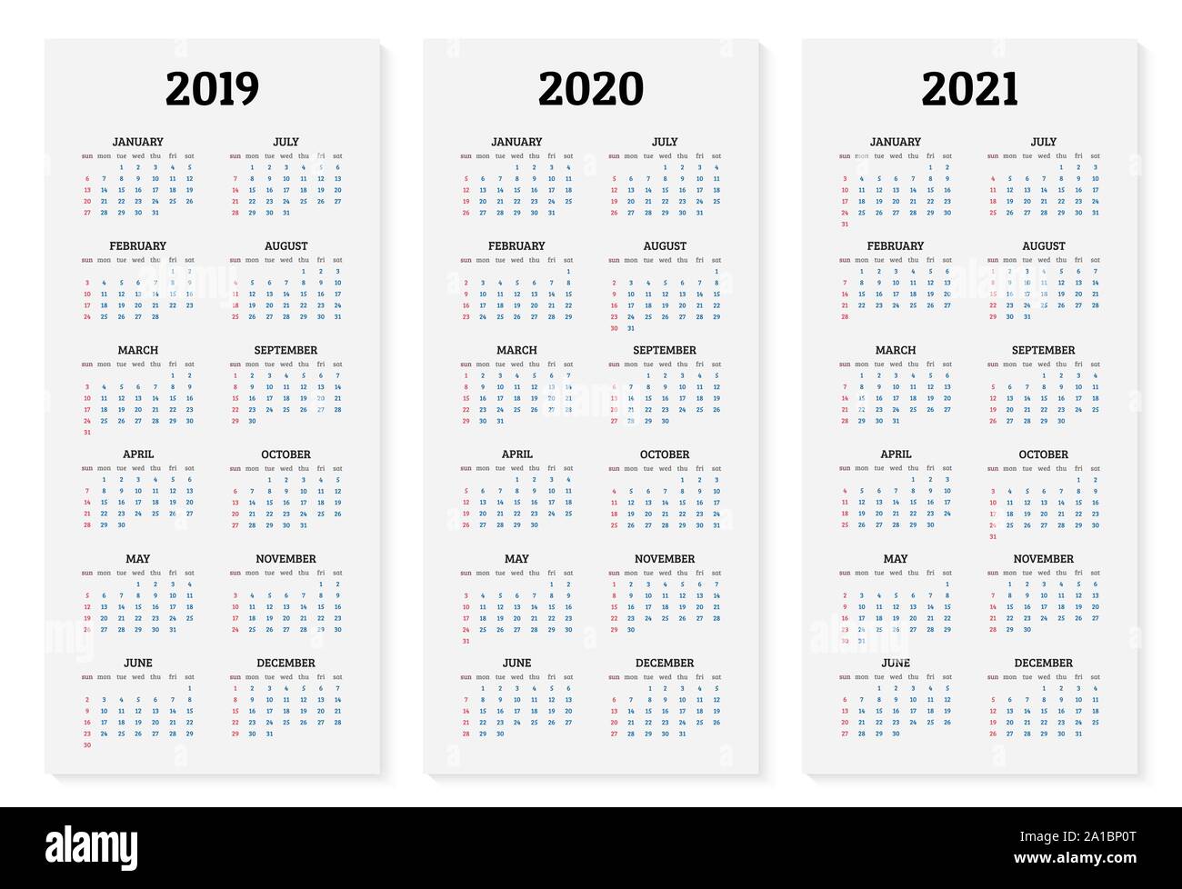 Annual calendar 2019, 2020 and 2021 template. Vector illustration Stock ...