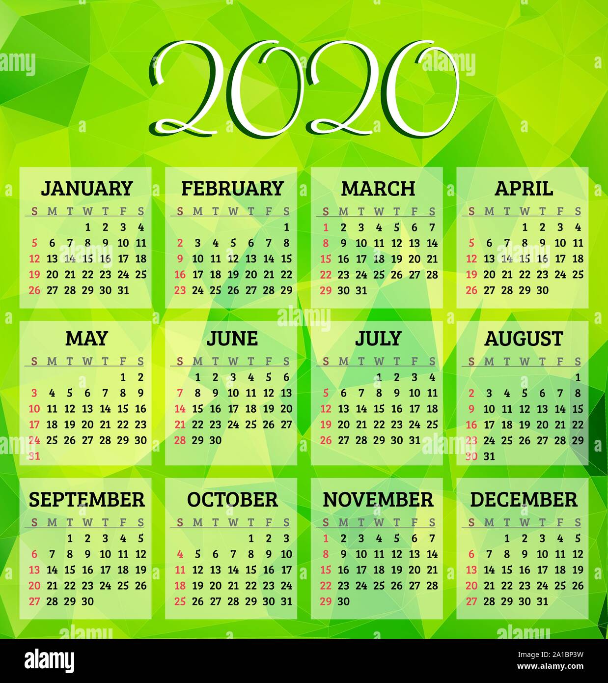 Vector calendar 2020 year with green abstract background. Week starts ...