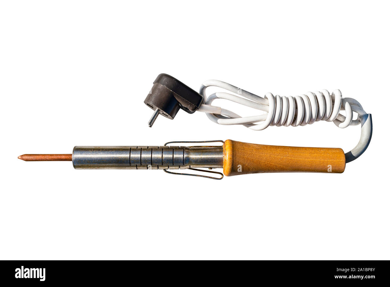 Electric soldering iron with a chisel tip, wooden handle and coiled ...